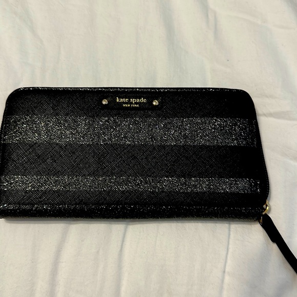 kate spade | Bags | Kate Spade Zip Around Large Wallet Black And Silver ...